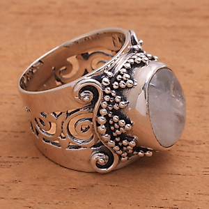 NOVICA Artisan Handmade Rainbow Moonstone Cocktail Ring Sterling Silver Single Clear Indonesia Gemstone [crownbezel 0.7 in H x 0.6 in W x 0.3 in D Band Width 8 mm W] ' Glorious Vines'