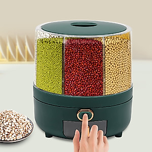 BANLICALI 6 Grid Rice Dispenser, 360° Rotating Dry Rice Dispenser PET PP Kitchen Grain Storage Container with Anti-slip Pads for Store Rice and Beans Green+Clear (Medium)
