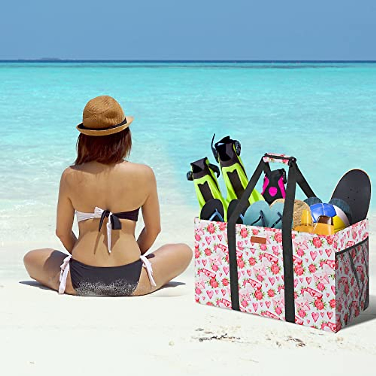 MHOMER Reusable Grocery Bags Extra Waterproof Large Tote Bag with Carrying Handles Reinforced Bottom Durable Oxford Fabric Foldable Shopping Bags for Storage Space Saving Red Heart Pattern