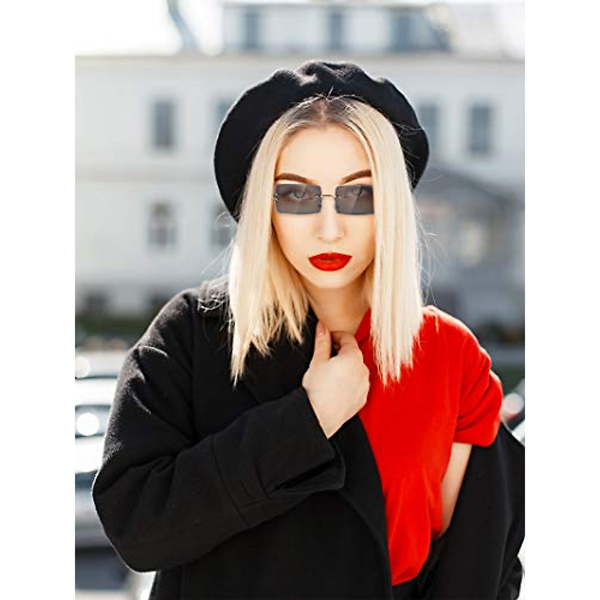 3 Pairs Rimless Rectangle Sunglasses Tinted Frameless Eyewear Vintage Transparent Y2K Glasses for Women Men (Grey, Tea and Blue)