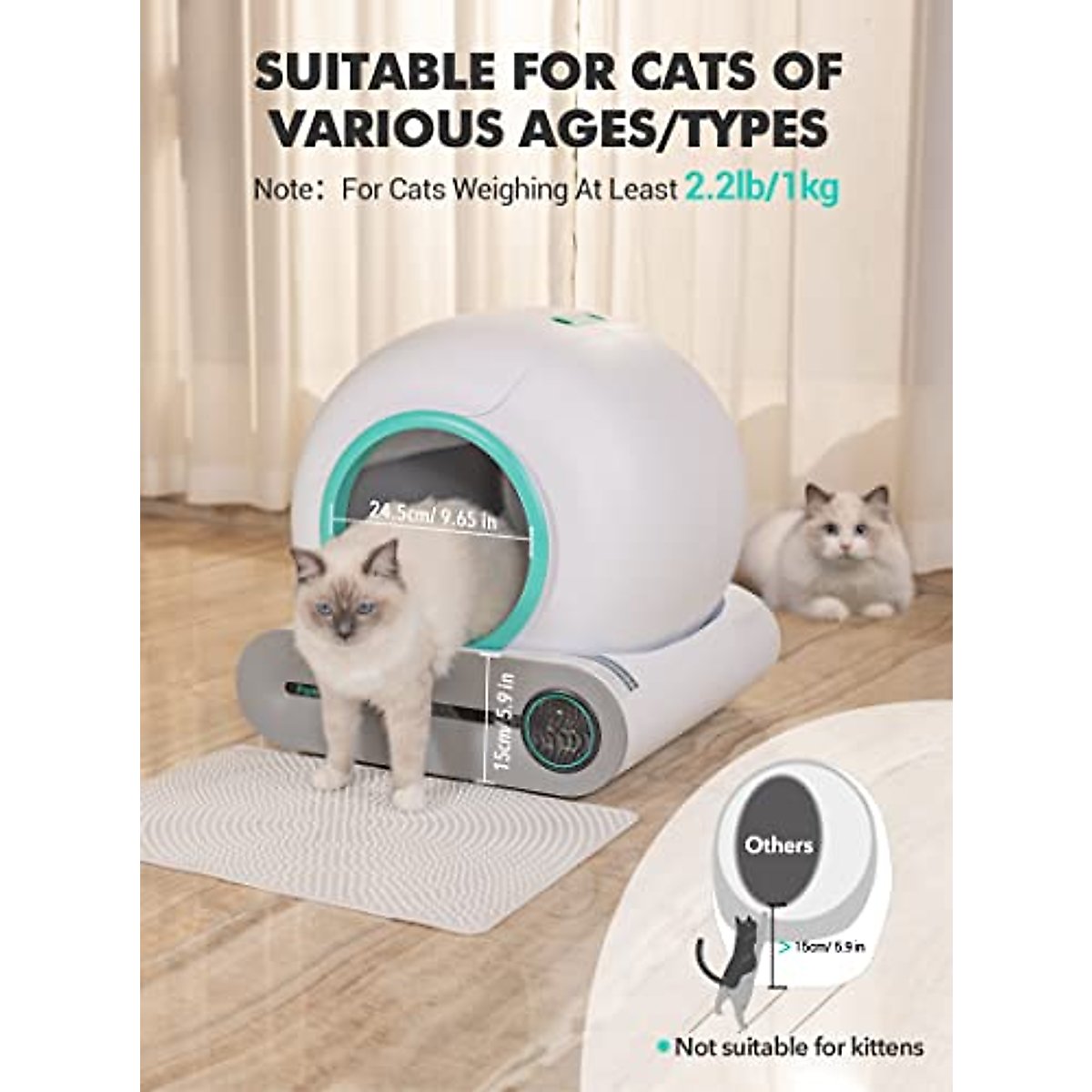 Famree Smart Self-Cleaning Cat Litter Box,Automatic Cat Litter Cleaning Robot with 65L+9L Large Capacity/APP Control/Ionic Deodorizer for Multiple Cats【2023 New Structure】, Turquoise Green