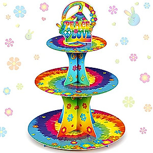 3 Tier 60's Hippie Theme Party Decorations 60s Groovy Cupcake Stand Peace Sign Decorations Cupcake Holder Tie Dye Peace and Love Dessert Tower for 60s 70s Hippie Carnival Birthday Party Supplies