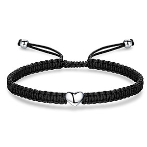 ZENI Heart Bracelet for Women girl, Black Rope Bracelet 925 Silver Handmade Braid Adjustable Bracelet Love Friendship Christmas Bracelet Gifts for Women Girls
