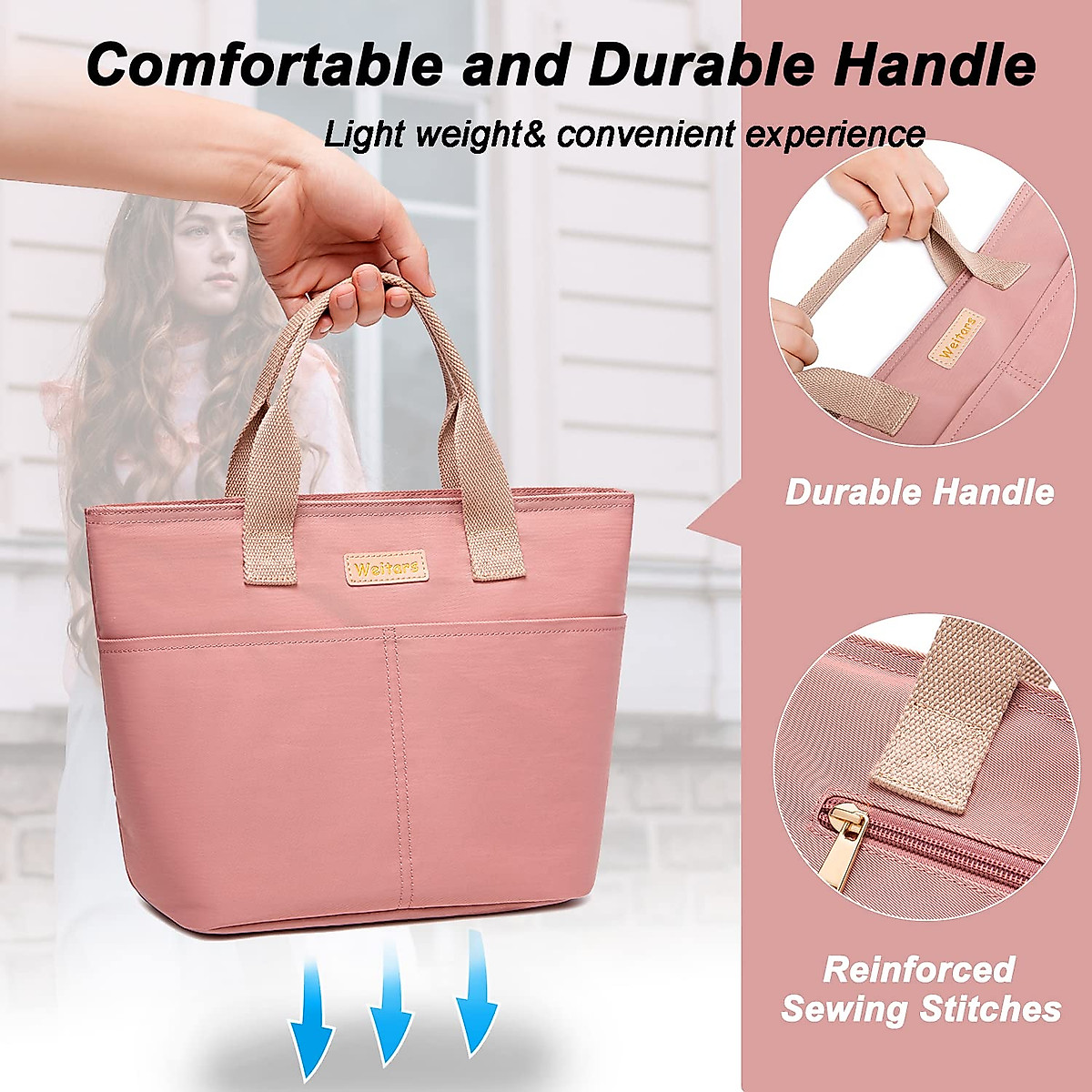 Weitars Lunch Bag For Women,Small Lunch Tote Bag Insulated Cute Lunch Bags For Women Snacks Leakproof Thermal Lunch Purse For Work Picnic/Hiking/Beach/Shopping (Pink)