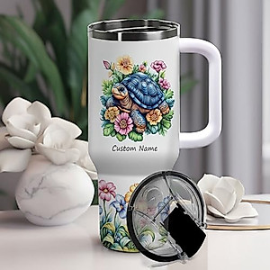 Tortoise Lover Personalized Tumbler 40oz With Handle & Straw - Stainless Steel Travel Coffee Cup With Lid - Cute Animal Gift For Women, Girls - Custom Name Birthday Holiday Gift Idea TNPLyL