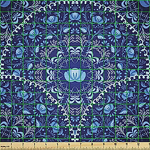 Ambesonne Navy Blue Fabric by The Yard Circular and Floral Alike Oriental Style Patterned Design Artwork Printed Decorative Water Resistant Material for Upholstery and Home Accents 1 Yard Blue Navy