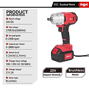 Excited Work 20V Brushless Impact Wrench with 1/2inch 4 Pcs Impact Wrench Socket Set，370 Ft-lbs(500Nm) High Torque，4.0Ah Li-ion Battery Tire Nut Removal Cordless Power Tool