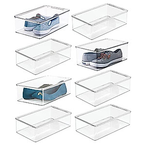 mDesign Plastic Closet Organizer Box Containers with Hinged Lid for Bedroom Shelves/Cabinets, Holds Flats, Sandals, Sneakers, Dress Shoes, Heels, Booties, and Wedges, Lumiere Collection, 8 Pack, Clear