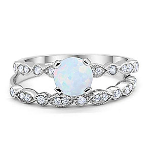 Blue Apple Co. Art Deco Style Vintage Two Piece Wedding Engagement Bridal Set Ring Band Round Creatd White Opal 925 Sterling Silver, Size-8
