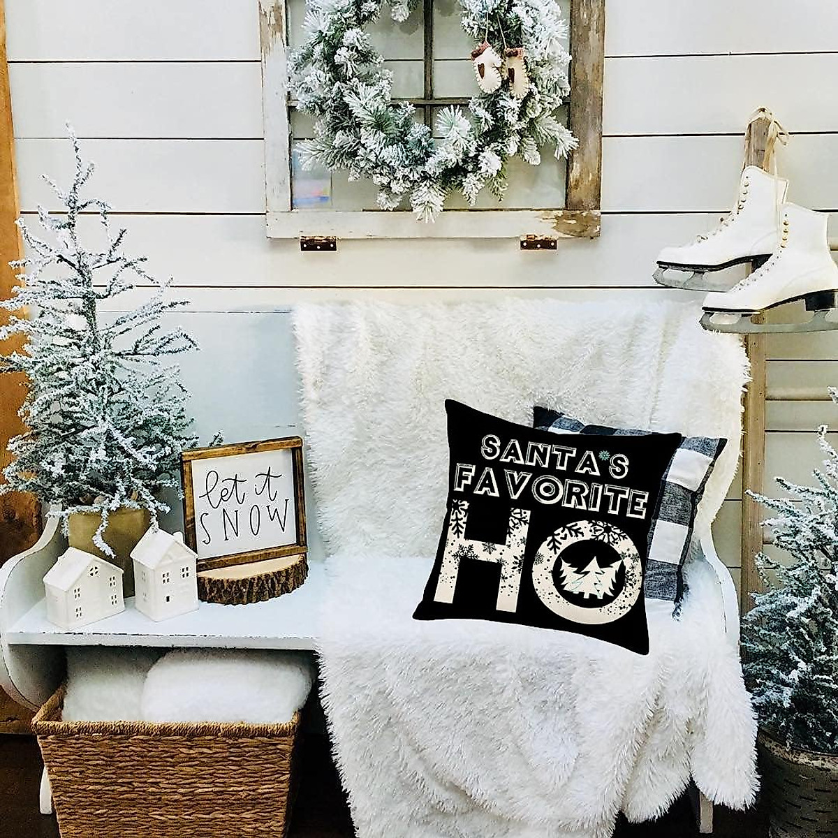Easternproject Santa’s Favorite Ho Christmas Throw Pillow Covers 18x18 Inch Black White Snowflake Xmas Tree Winter Holiday Farmhouse Decoration Pillow Cases Cotton Linen Cushion Cover
