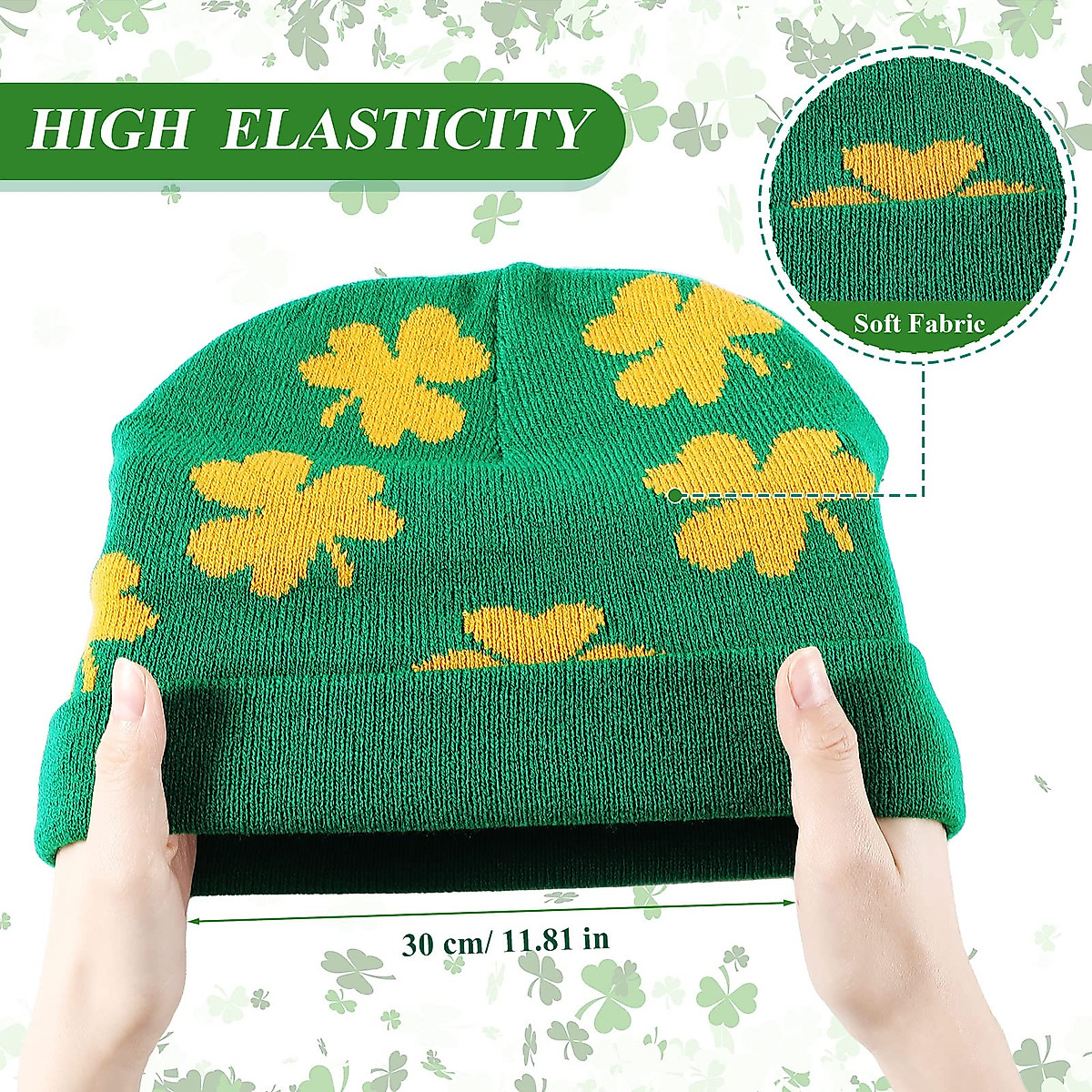 Vicenpal 3 Pcs St Patrick's Day Beanie Shamrock Winter Hat St Patricks Day Accessories Green Lucky Irish Shamrock Hat for Woman And Man