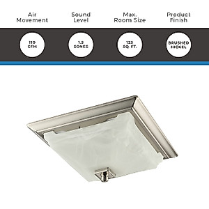 Lift Bridge Kitchen & Bath Decorative Square 110 CFM Brushed Nickel Bathroom Ceiling Ventilation & Exhaust Fan with Light and Glass Globe, Quiet 1.5 Sones Bath Fan