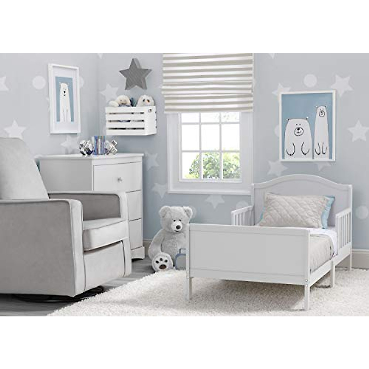 Delta Children Bennett Toddler Bed, Bianca White + Delta Children Twinkle Galaxy Dual Sided Recycled Fiber Core Toddler Mattress (Bundle)