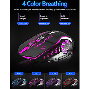 Gaming Mouse, Ergonomic USB Wired Gaming Optical Mice with 6 Programmable Buttons and 4 Colors LED Backlight, 4 DPI Settings Up to 2400 DPI Computer Mouse for Laptop PC Games & Work(Black)