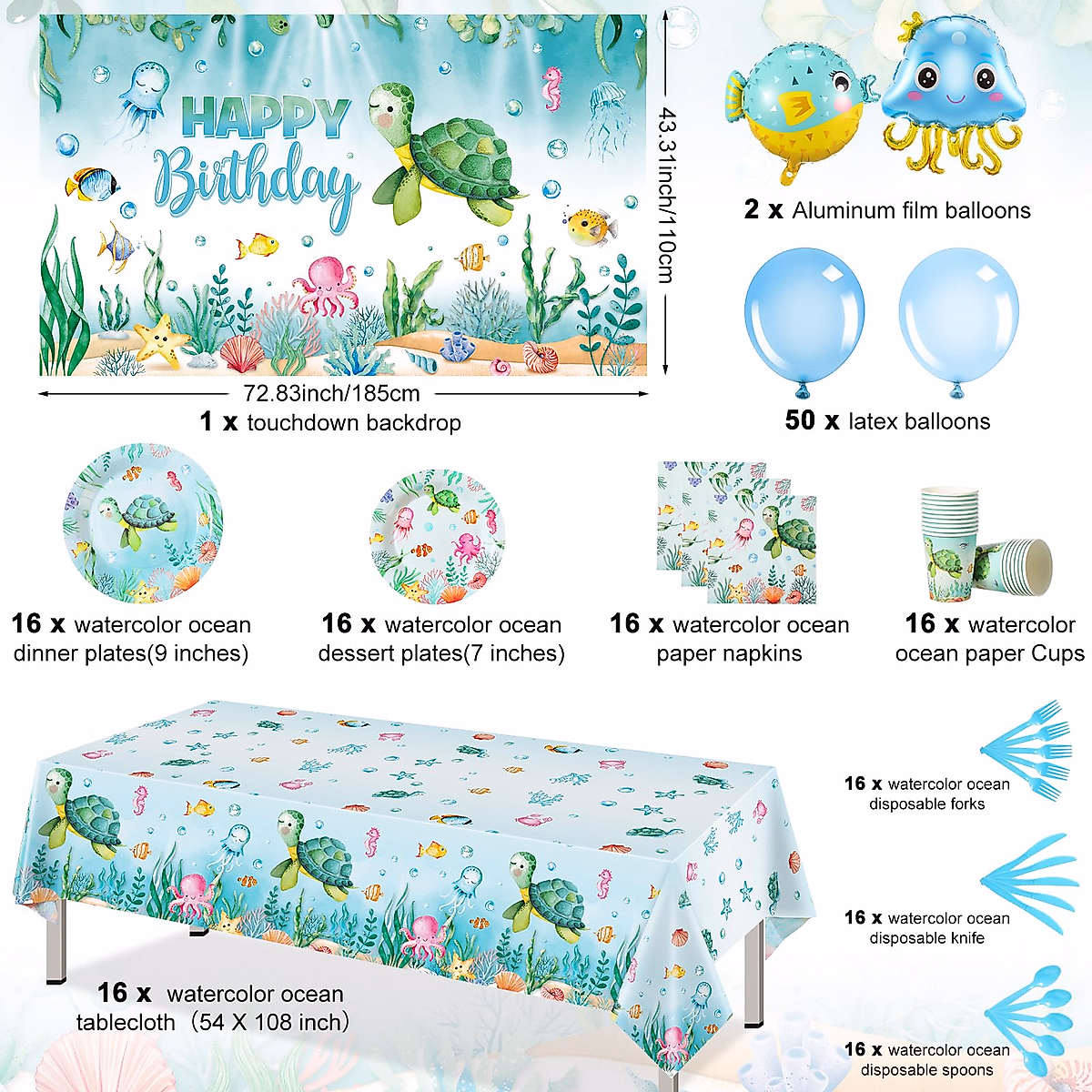 Libima 166 Pcs Sea Turtle Birthday Party Decorations Under the Sea Party Tableware Set Ocean Turtle Backdrop Banner with Blue Balloons Arch Garland Kit for Underwater Animal Baby Shower Party Supplies