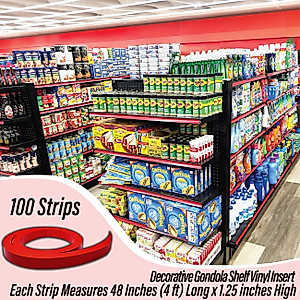 Decorative Gondola Shelving Pre Cut Vinyl Insert Strips 48" x 1.25" Shelf C-Channel, Red, 100 Pack