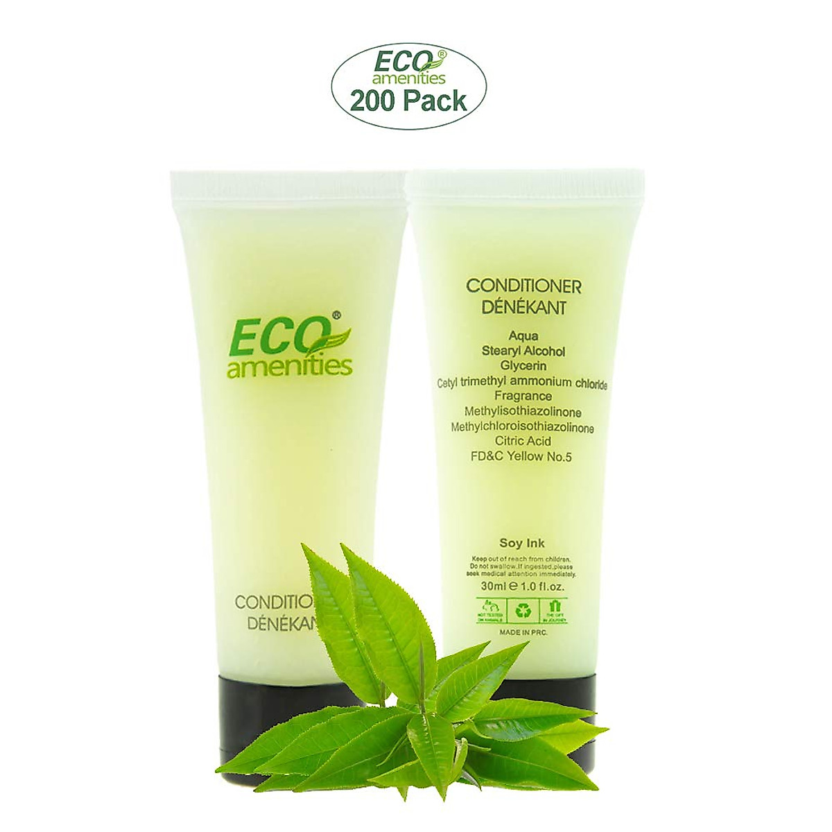 ECO AMENITIES Travel Size Conditioner - 200 PACK, 30mL, 1 oz Hotel Conditioner Bulk Supplies for Guests - Green Tea Scent Eco Conditioner, Mini Conditioner with Flip Cap, Clear Container