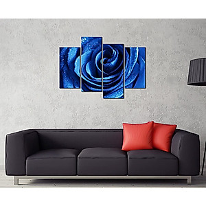 Wieco Art Blue Rose with Dew Canvas Wall Art Abstract Romantic Flower Pictures Paintings Wall Art for Living Room Bedroom Decorations Wall Decor Large 4 Panels Modern Canvas Prints Artwork
