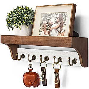 Rebee Vision Key Holder for Wall with Shelf - Farmhouse 2-Color Key Rack with 5 Retro Keys Hooks and Primitive Wood Mail Organizer Wall Mount - Decorative Rustic Home Decor (Brown & White)