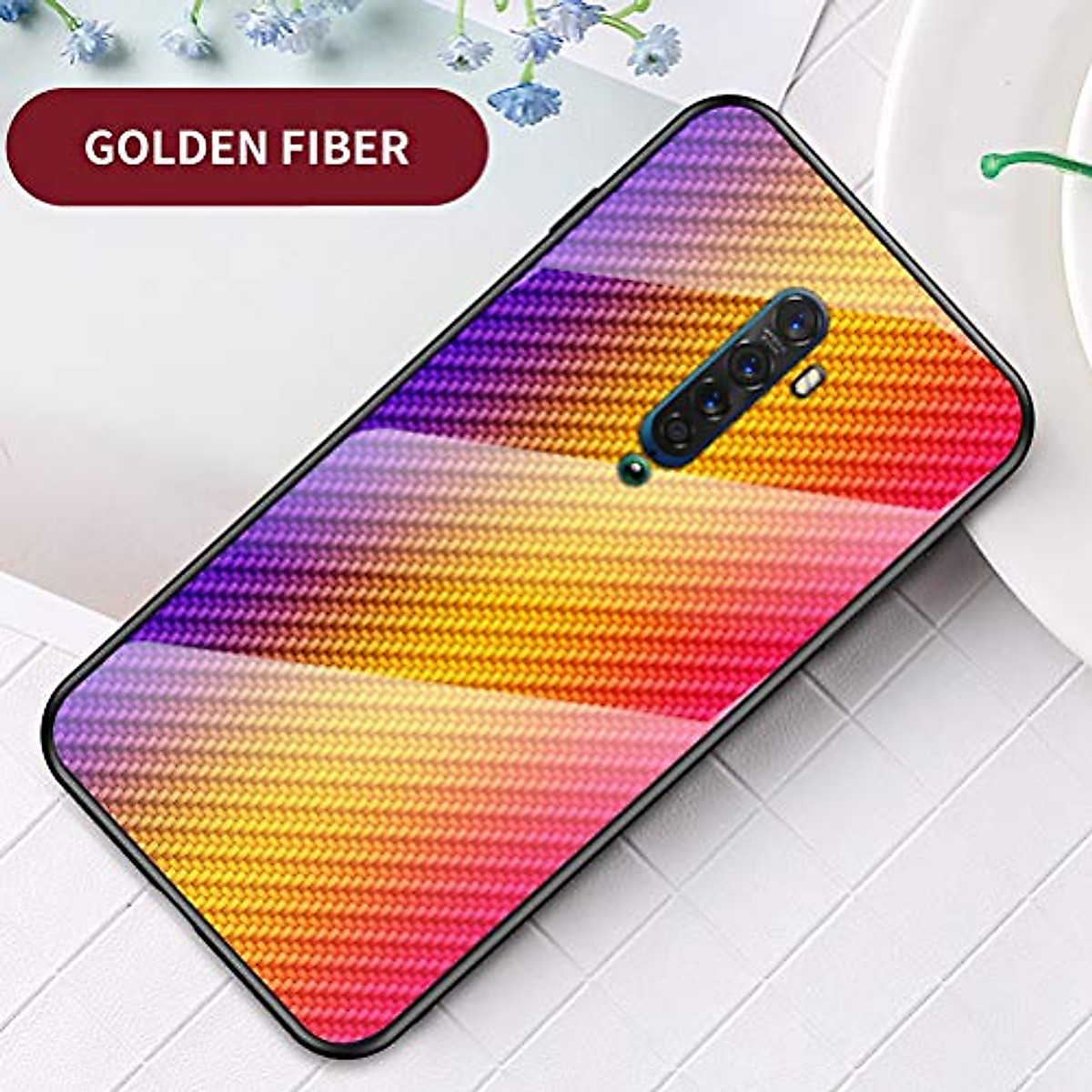 Grandcase Oppo Reno 2 Case,Ultra-Thin Advanced Carbon Fiber Texture Gradient Glass Box Scratch Resistant Tempered Glass Back Cover Case for Oppo Reno 2 6.5" -Gold