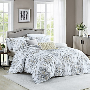 Bedduvit 100% Cotton Duvet Cover Queen Size - Soft Paisley Queen Duvet Cover Set, 3 Pieces All Season Reversible Damask Bedding Comforter Sets with 2 Pillow Shams, White/Yellow, 90"x90"