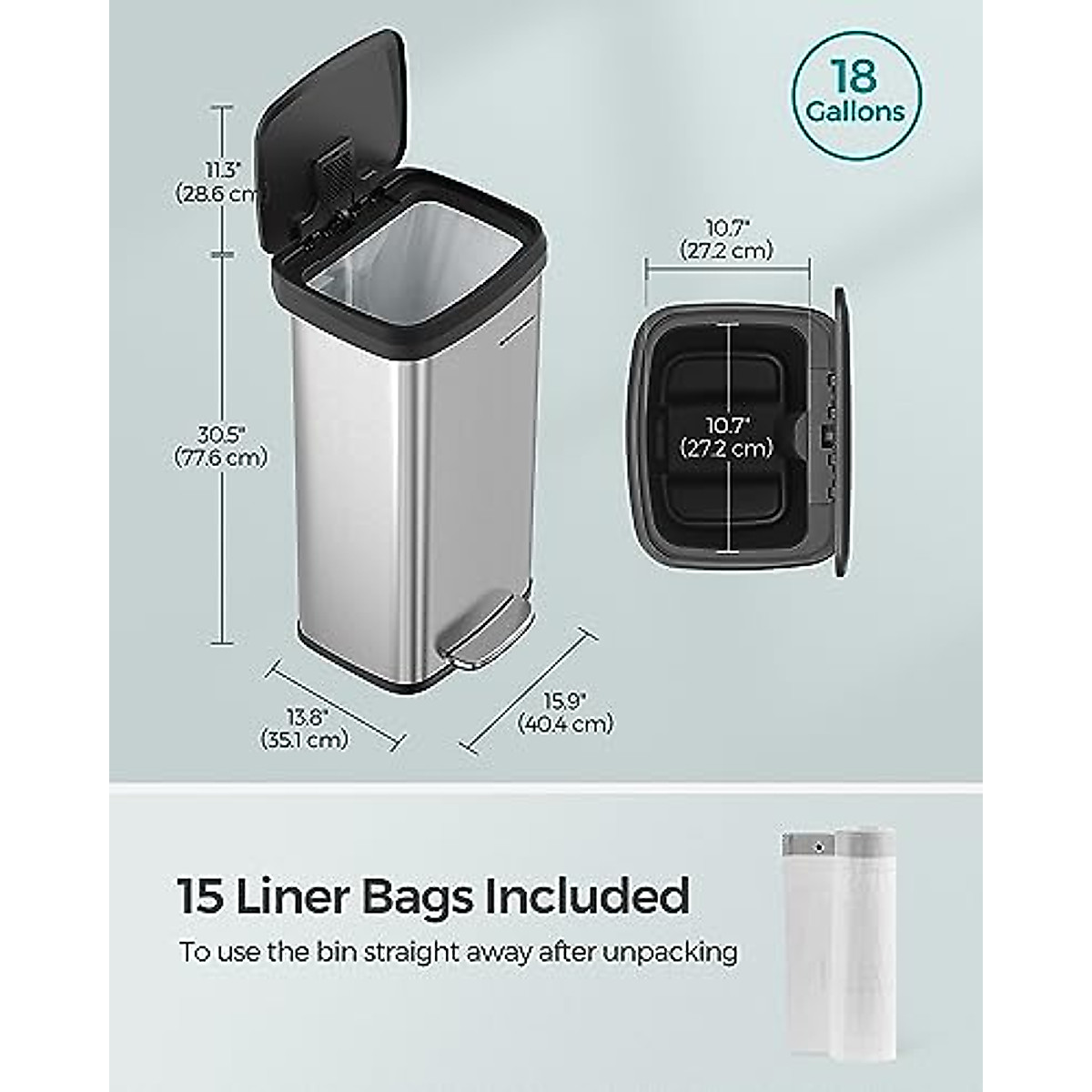 SONGMICS Kitchen Trash Can, 18-Gallon Stainless Steel Garbage Can, with Stay-Open Lid and Step-on Pedal, Soft Closure, Tall, Large and Space-Saving, Silver and Black ULTB520E68