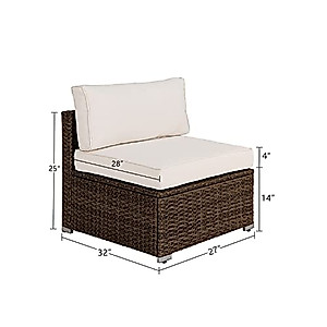 COSIEST Outdoor Furniture Add-on Armless Chair for Expanding Wicker Sectional Sofa Set w Off White Thick Cushions for Garden, Pool, Backyard