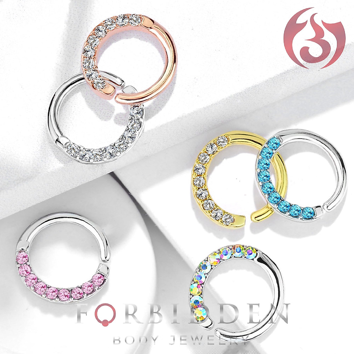 Forbidden Body Jewelry 16g CZ Lined Bendable Septum/Daith/Cartilage Hoop - 14k Gold Plated/Clear