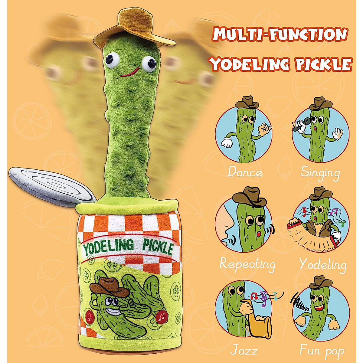 Yodeling Pickle, Talking Yodeling Toy Repeats What You Say, Singing Pickle Plush Toys - Rechargeable Twisted Mimicking Toy Singing Dance, Funny Prank Novelty Gag Gift for Adults & Kids