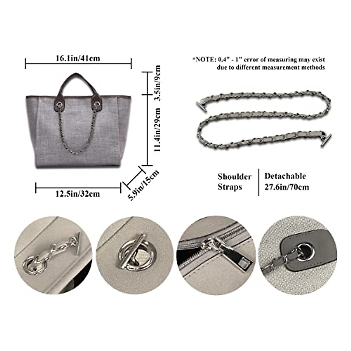 XACKWUERO Women Fashion Classic Canvas Bag Shoulder Handbag Tote Shopper Bag with Chain Shoulder Strap (A Grey)