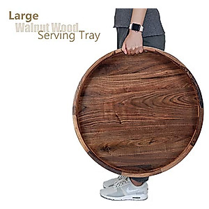 MAGIGO 22 Inches Extra Large Round Black Walnut Wood Ottoman Tray with Handles, Serve Tea, Coffee or Breakfast in Bed, Classic Circular Wooden Decorative Serving Tray