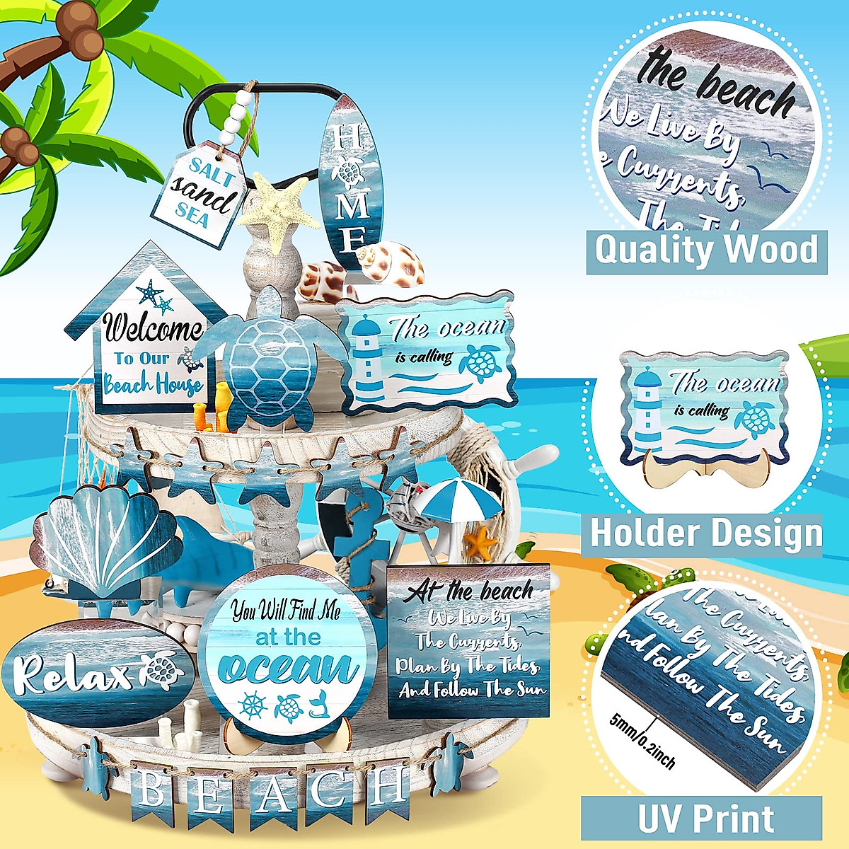 Maitys 21-Piece Hello Summer Beach Tiered Tray Decor Set - Wooden Sea Turtle Tabletop Items - Graduation & Summer Party Decoration