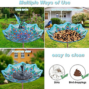 OUISJYER Bird Baths for Outdoors, Peacock Feather Glass Birdbath & Birdfeeder with Metal Pedestal Stake Garden Yard Lawn Decor (31.5" H * 11.5" W)