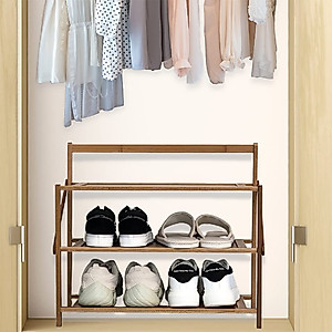 Small 3-Tier Shoe Rack for Closet & Entryway, Installation-Free Foldable Bamboo Shoes Storage Organizer, Sturdy Free Standing Three Shelf Shoe Stand for 6-9 Pairs, Brown 20x18x9 Inches