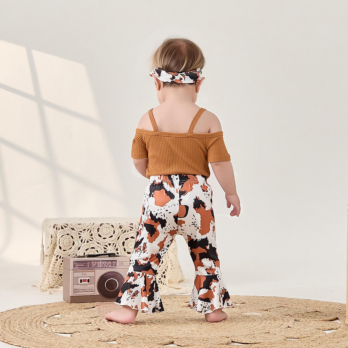 Lefyira Cow Print Bell Bottoms Baby Girl Off Shoulder Short Sleeve Romper Rib Knit Button Bodysuit Flare Pants Headband Outfit (Brown, 0-6 Months)