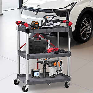 3-Tier Portable Folding Service Cart, Fold Up Rolling Cart, Collapsible Push Cart with Wheels, 56 Lbs Load Capacity per Shelf Folding Utility Carts for Home/Office/Warehouse Gery