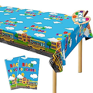 Back to School Supplies, 2 PCS 108 x 54 Inches First Day of School Tablecloths, Disposable Colorful Welcome Back to School Plastic Rectangle School Bus Pattern Table Cover for School Party Decoration