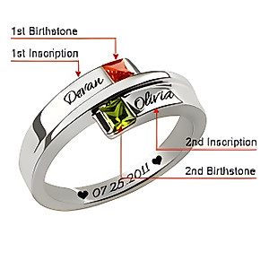 GSBSCSM Double Square Stone Ring 925 Sterling Silver Engraved Mother's Ring 2 Birthstone Custom Womens Engagement Rings Promise Name Rings for Her (Silver)