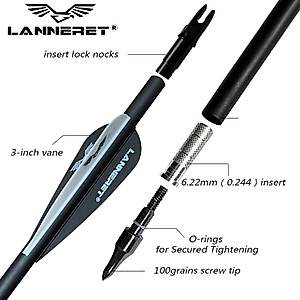 Lanneret Archery Carbon Arrows for Compound & Recurve Bows，32Inch Carbon Practice Bow Arrow with Removable for Youth Compound & Recurve Bow Target (Pack of 12) Black