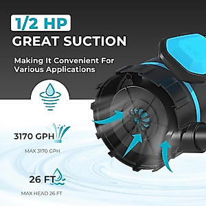 Bomgie 1/2HP Sump Pump 3170GPH Submersible Water Pump with Automatic Float Switch, Utility Pumps for Pool Draining, Basement Flooding, Garden Pond Low Water Level with 20ft Cord