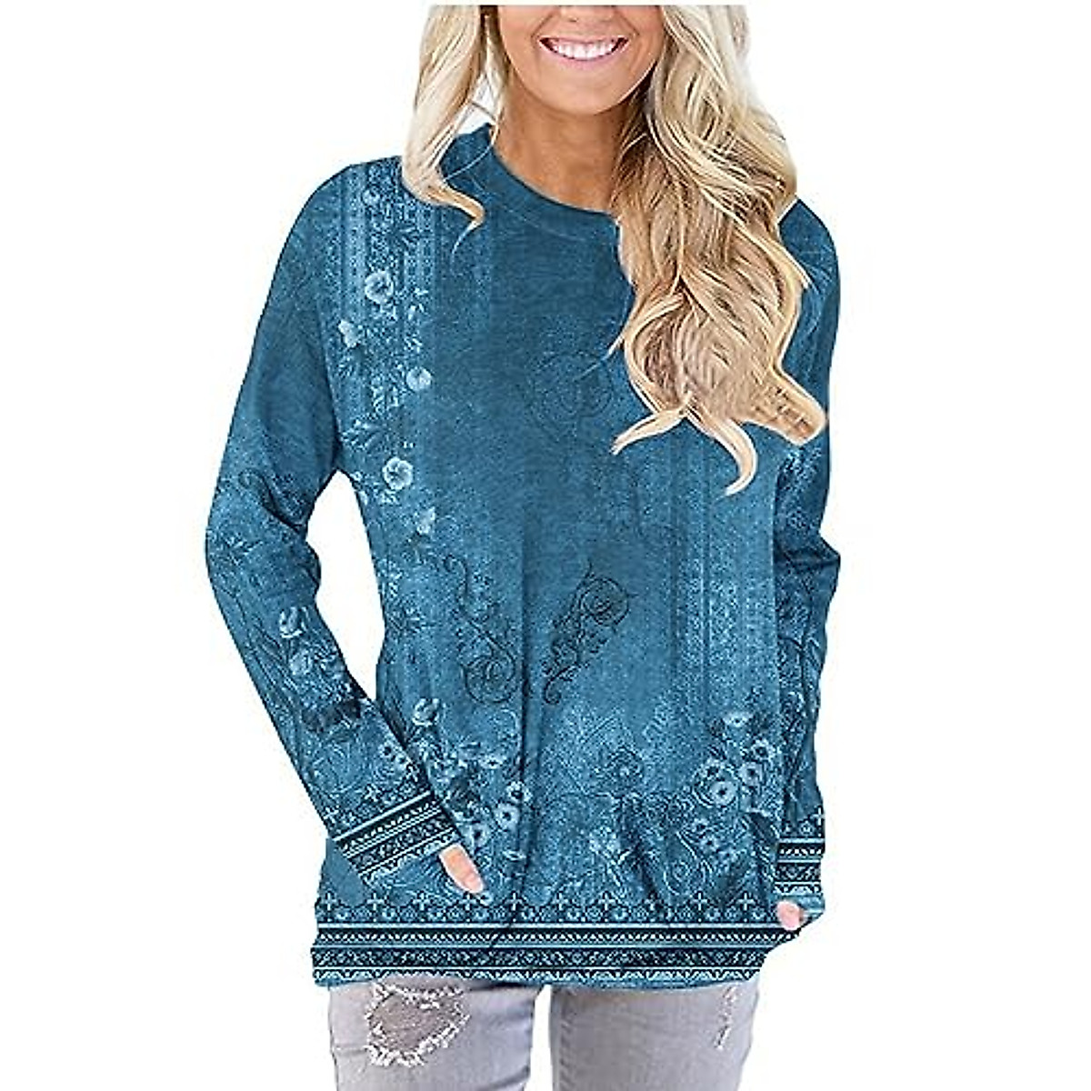 WPNMASNP Womens Fall Floral Tops 2023 Crewneck Casual Dressy T-Shirts Floral Trendy Blouses Plus Size Flowy Elegant Pullovers Blue