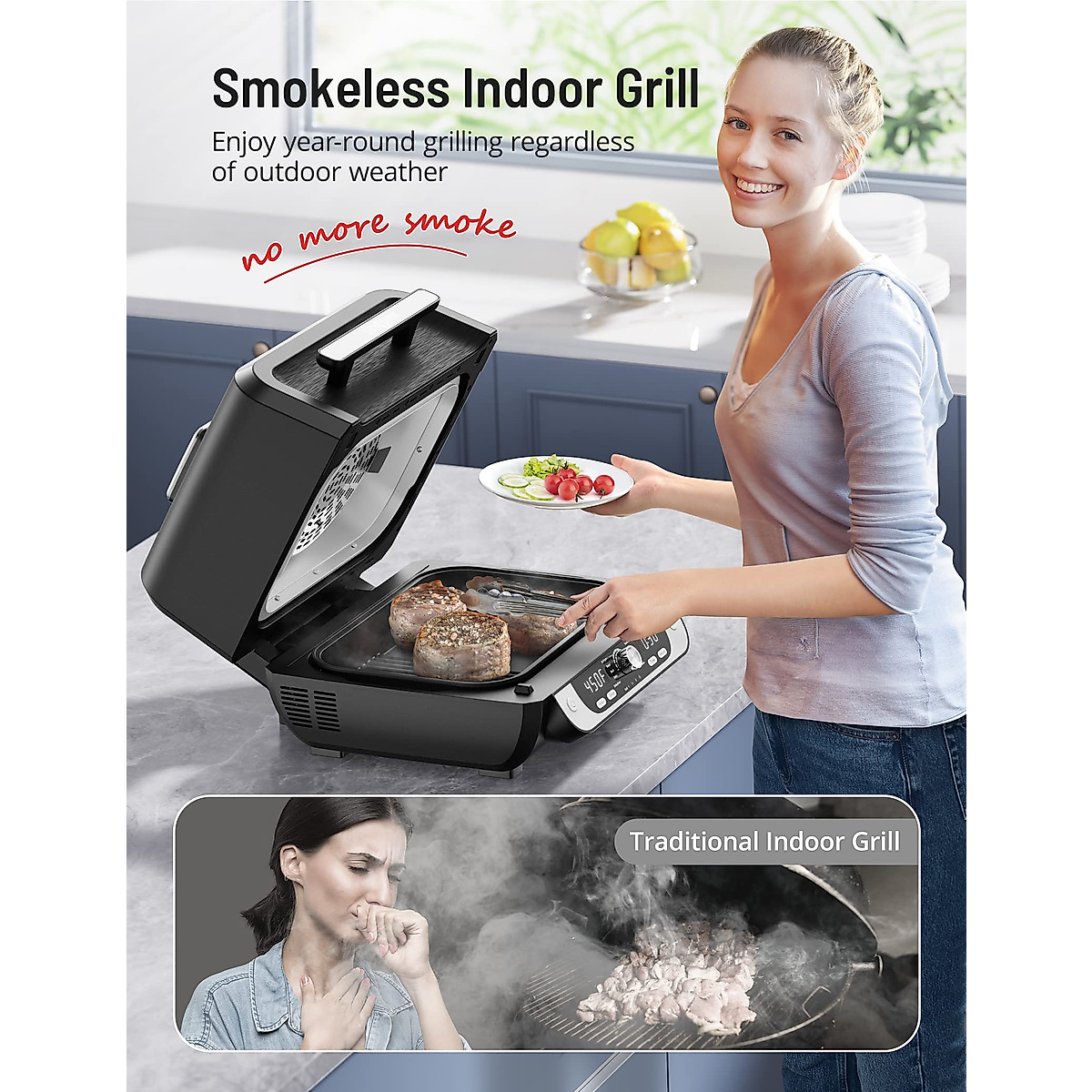 Indoor Grill and Air Fryer Combo, Paris Rhône Electric Indoor Grill Smokeless, 12-in-1 for Grill, Griddle, Slow Cook, Broil, Bake, Crisp, Roast, Dehydrate, Dual Heating Elements, Easy Knob Control