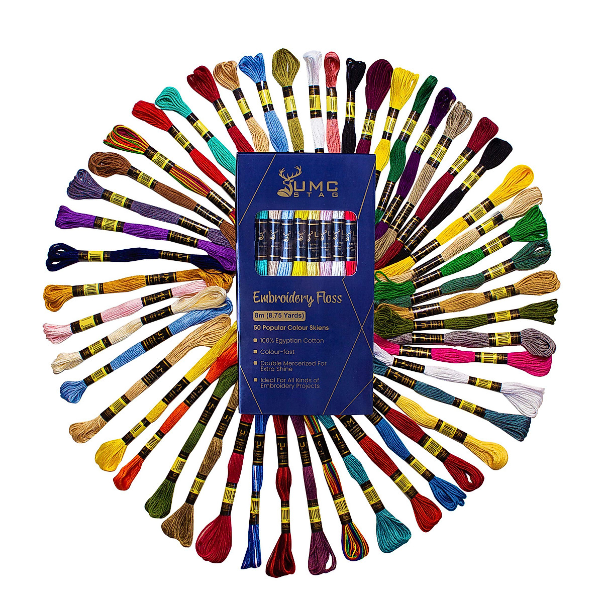 UMC STAG Pack of 50 Popular Colours Premium Embroidery Thread | 100% Egyptian Cotton Premium Skeins | Cross Stitch Embroidery Floss | Oeko TEX Certified Stranded Cotton | Ideal for Arts & Crafts