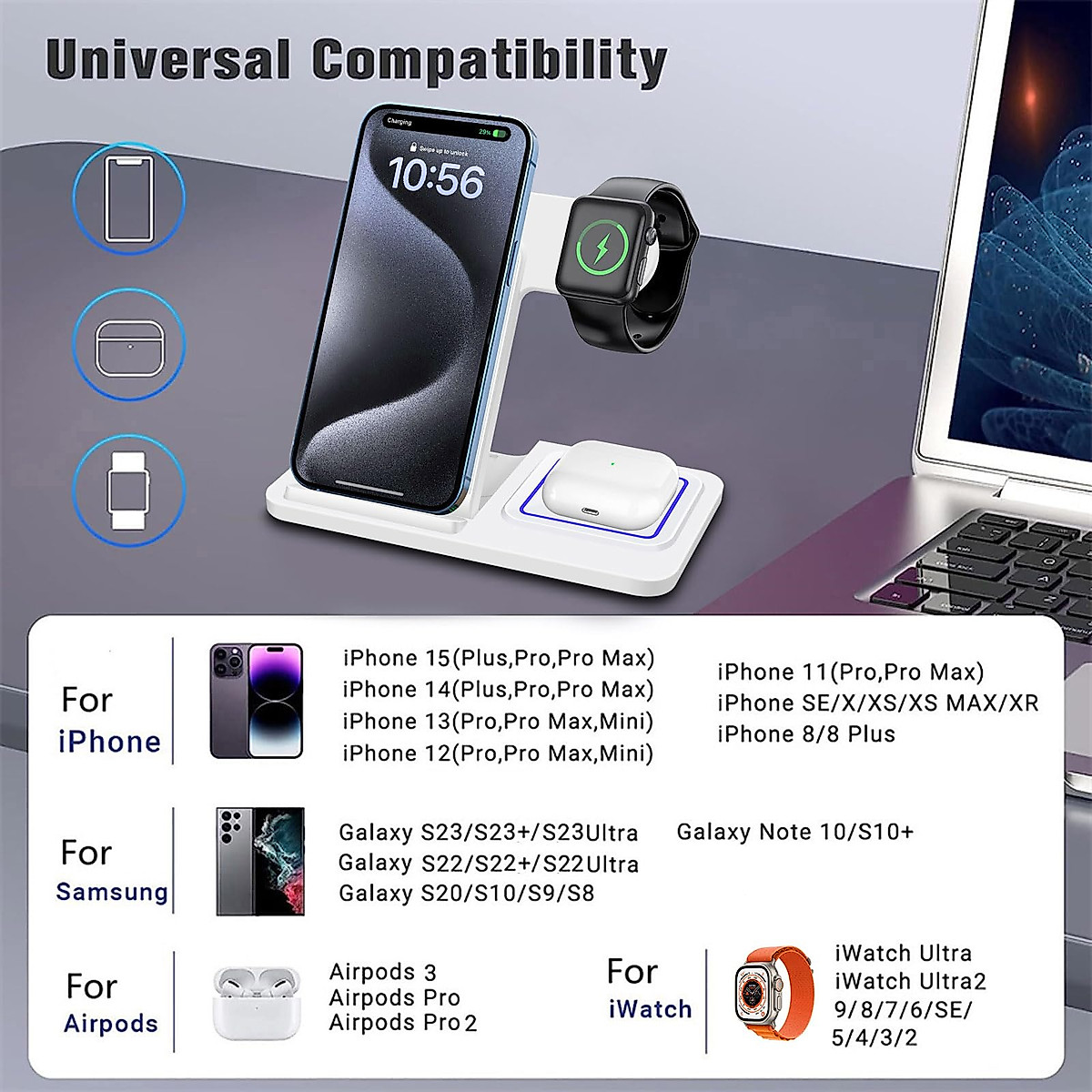 Wireless Charger,VNBBT 3 in 1 Wireless Charging Station Foldable for Apple iPhone/iWatch/Airpods,iPhone 15 14,13,12,11(Pro,Pro Max)/XR/XS/X/8(Plus),iWatch Ultra 9 8 7 6 SE 5 4 AirPods(No Adapter)