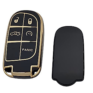 vurbemes TPU Key Fob Cover Case with Keychain fit for Grand Cherokee Renegade Chrysler 200 300 Dodge RAM Durango Challenger Journey Dart Fiat Smart Keyless Entry Key Fob (Black)