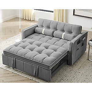 LKTART Modern 55.5" Pull Out Velvet Sleep Sofa Bed with Side Pockets Adjsutable Backrest and Lumbar Pillows for Apartment Office Living Room Grey