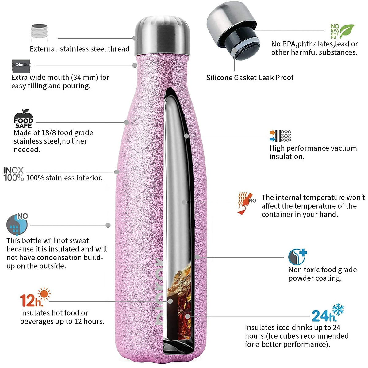 BJPKPK Insulated Water Bottles -17oz/500ml -Stainless Steel Water Bottles,Sports Water Bottles Keep Cold for 24 Hours and Hot for 12 Hours,BPA Free Water Bottle,Glitter Gold