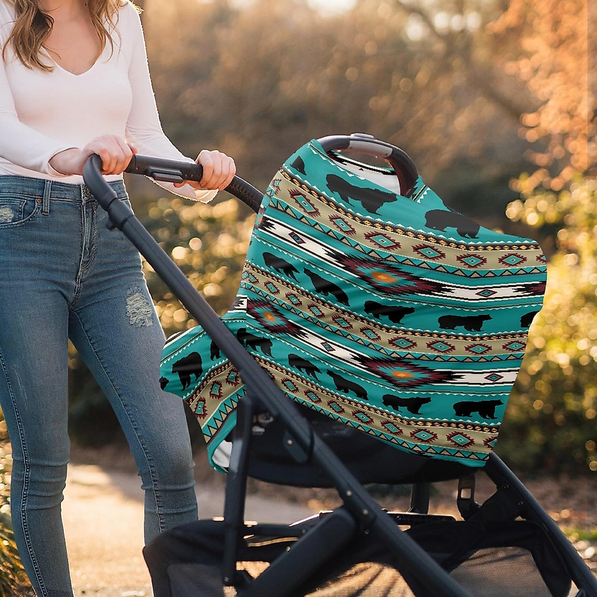AFPANQZ Aztec Horses Retro Nursing Cover Breastfeeding Scarf Baby Car Seat Covers for Boys Girls Infant Carseat Canopy Stretchy Soft Breathable Cover Up for Stroller High Chair Turquoise Green