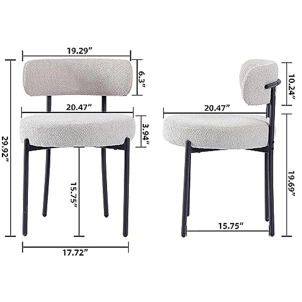EDWELL Boucle Dining Chairs Set of 2, Round Upholstered Dining Chairs with Black Metal Legs, Modern Dining Room Chairs for Dining Room, Kitchen, Living Room