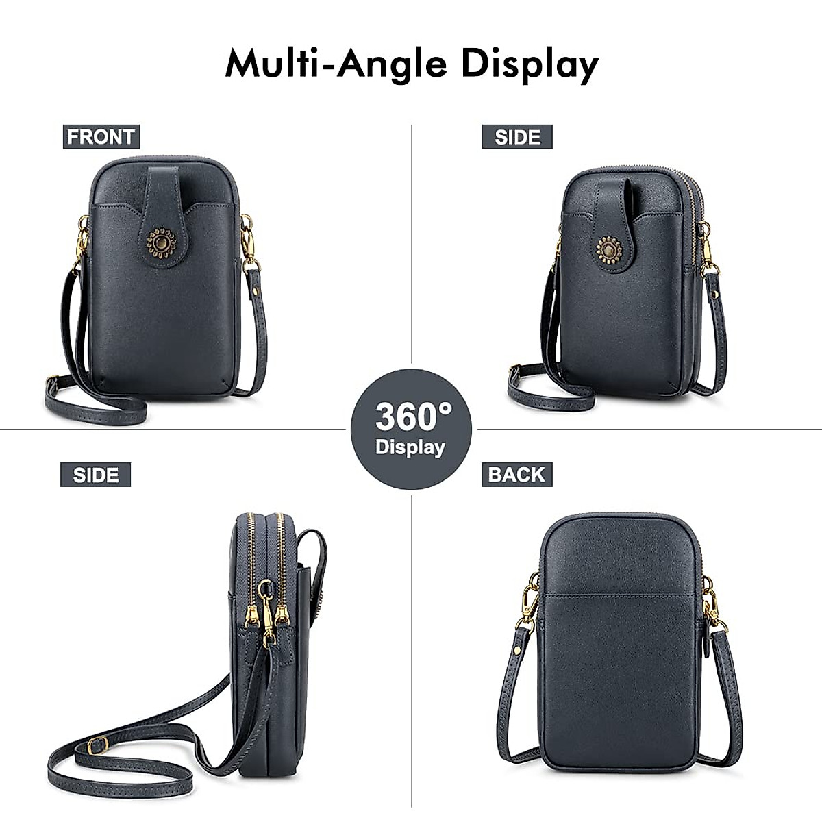 Peacocktion Crossbody Cell Phone Bag for Women, Small Leather Shoulder Handbag Purse with Credit Card Slots, Dark Grey